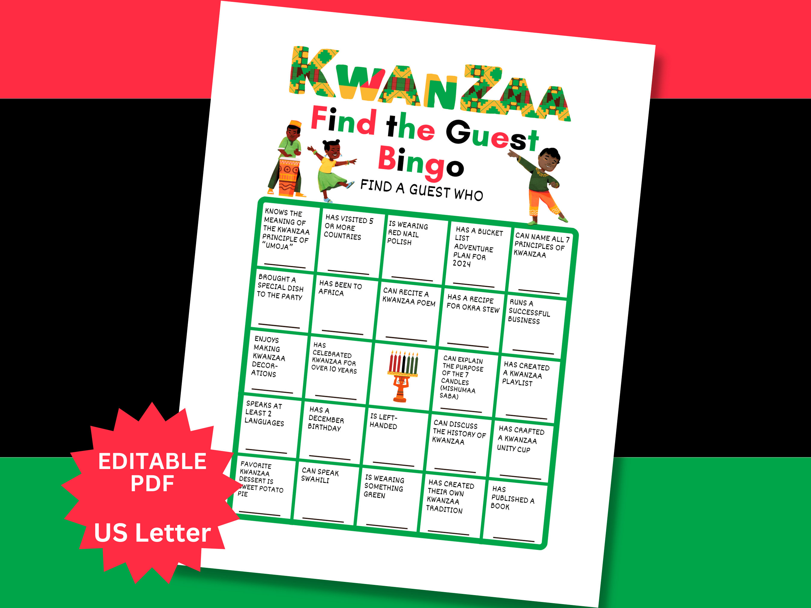Kwanzaa Find the Guest Bingo Party Game - Editable | Printable Mix and ...