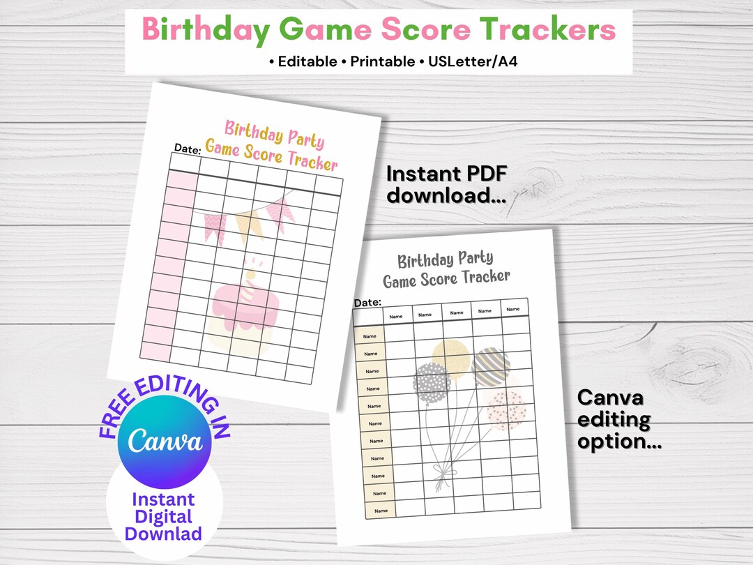 Editable Birthday Game Score Trackers for Kids and Adult Birthday ...
