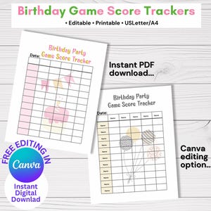 Editable Birthday Game Score Trackers for Kids and Adult Birthday ...