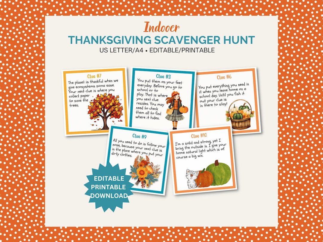 Editable Indoor Thanksgiving Scavenger Hunt for Kids and Tweens ...