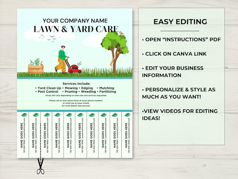 Lawn Care or Landscaping Tear-off Flyer, 4 Unique Designs, Editable ...