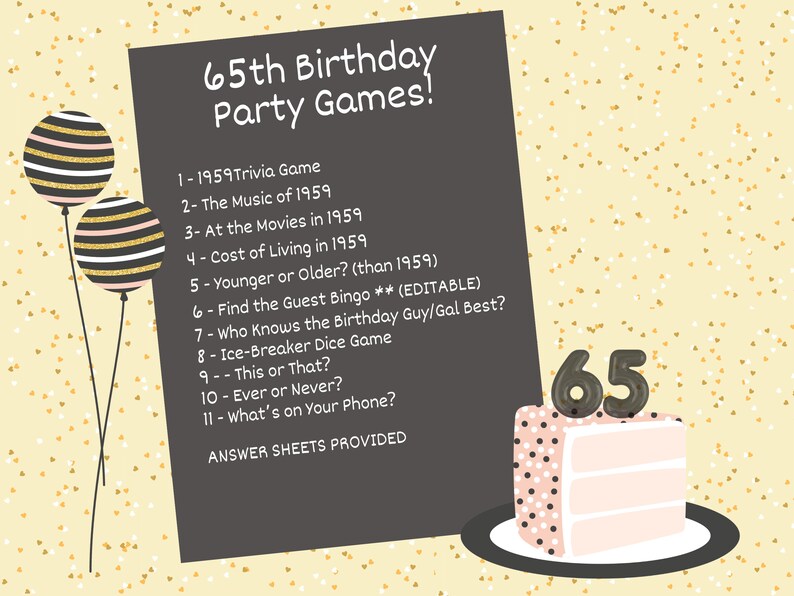 65th Birthday Party Games Bundle Born in 1959 Games Editable Sixty ...