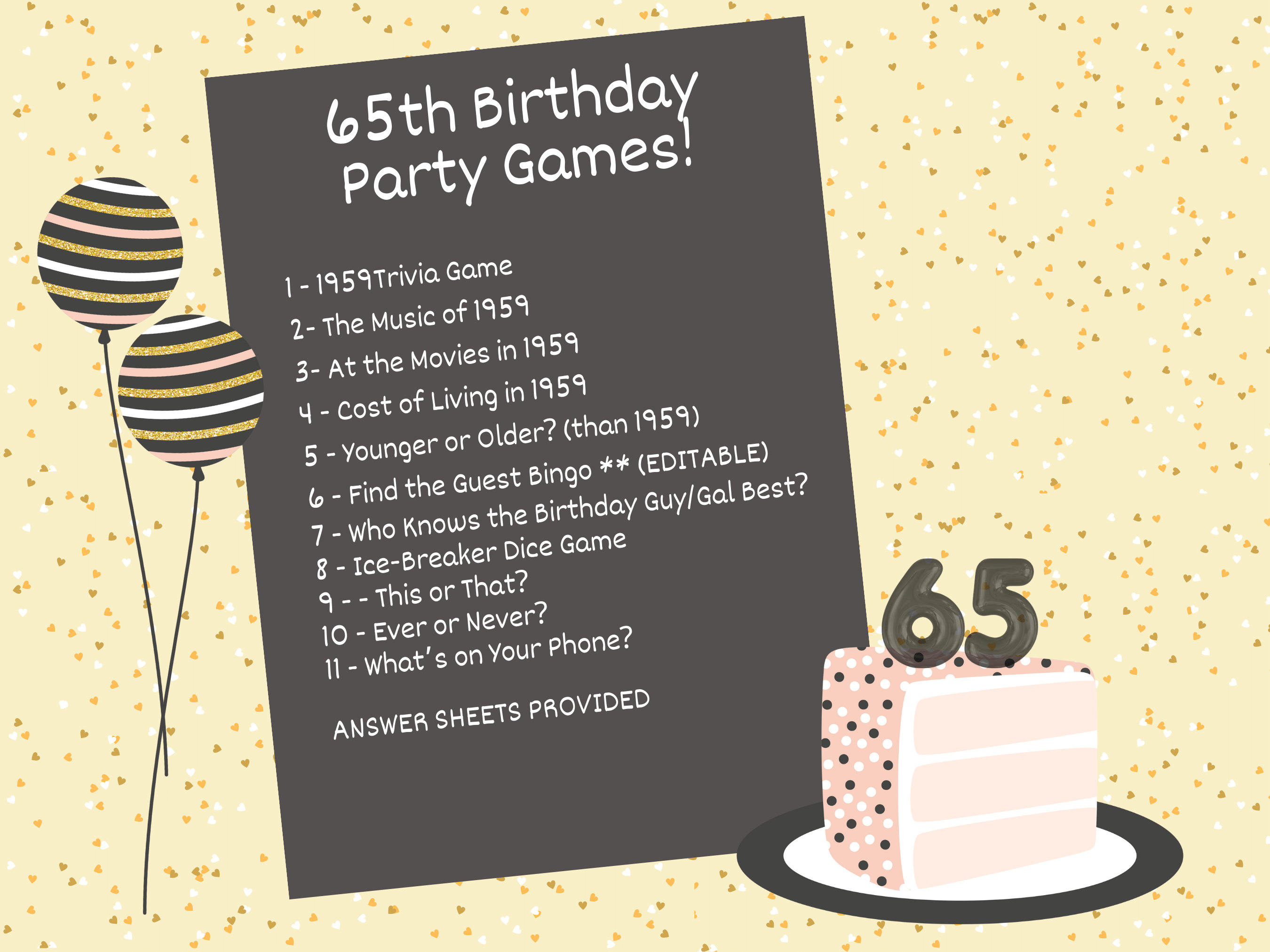 65th Birthday Party Games Bundle Born in 1959 Games Editable Sixty ...