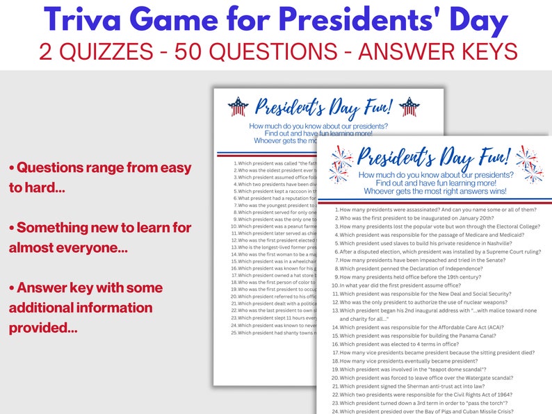 Presidents' Day Trivia Game Triva Quiz Presidents Day Games ...