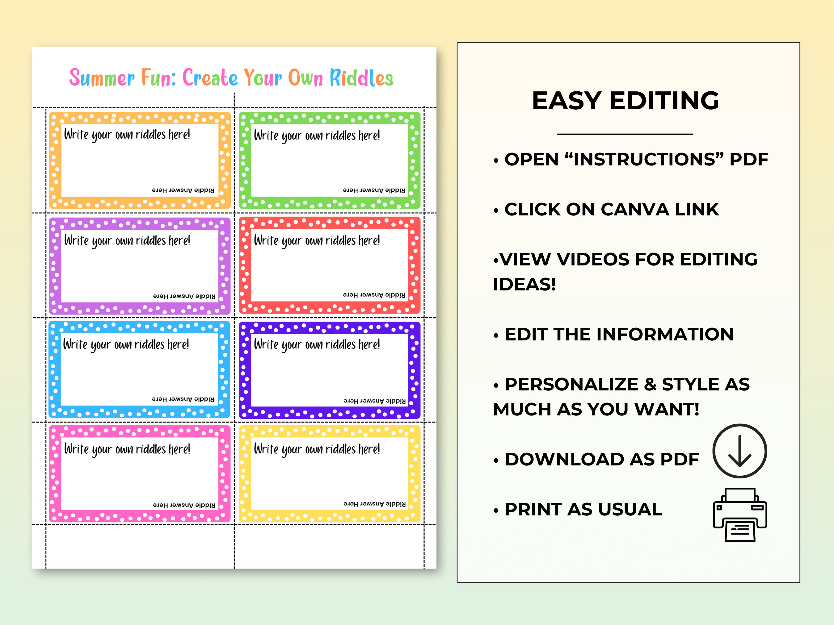 Editable Riddle Me This Cards for Kids, 30 Riddles Plus Editable Canva ...