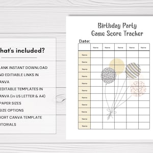 Editable Birthday Game Score Trackers for Kids and Adult Birthday ...