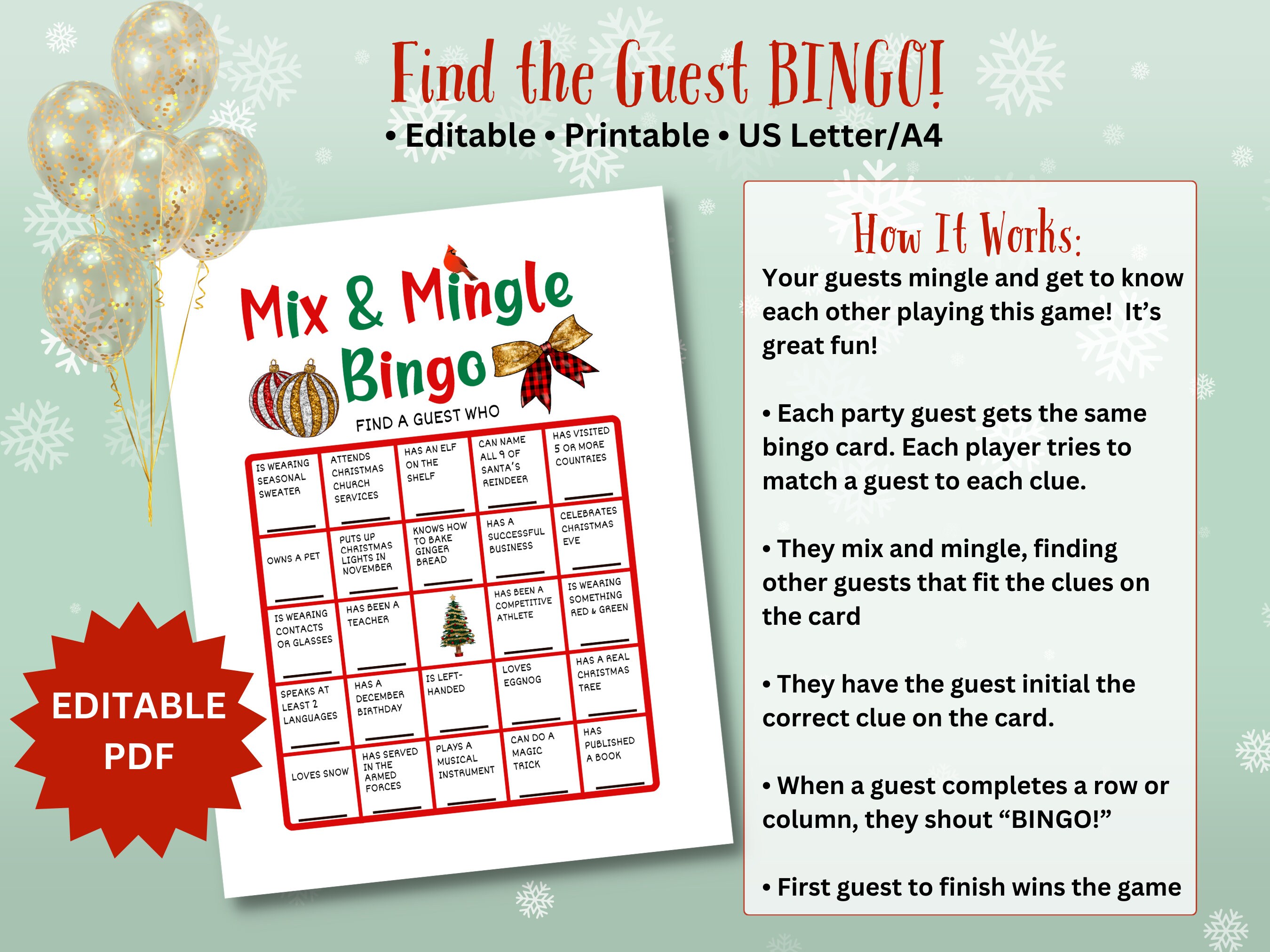 Mix and Mingle Christmas Bingo Party Game | Find the Guest Bingo Game ...
