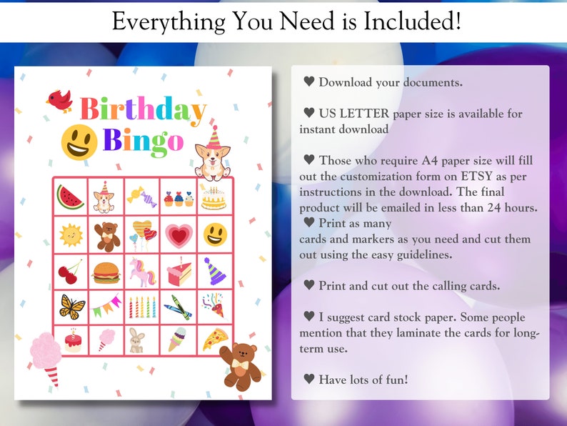 Birthday Party Bingo Game for Kids Printable Birthday Party Bingo Game ...