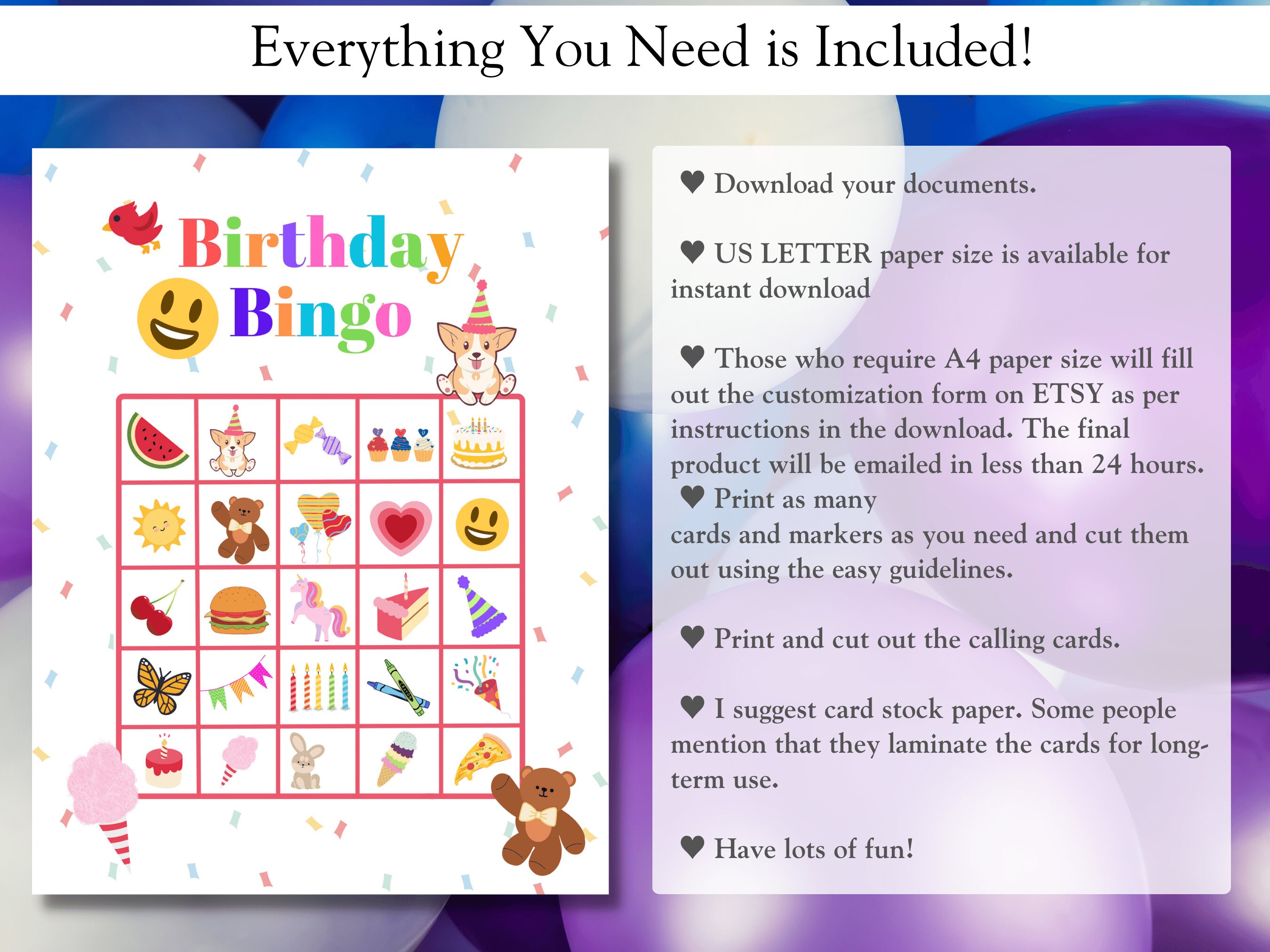 Birthday Party Bingo Game for Kids | Printable Birthday Party Bingo ...