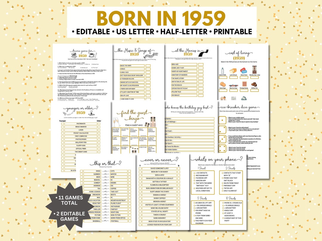 67th Birthday Party Games Bundle, Born in 1959 Games, Editable Sixty ...