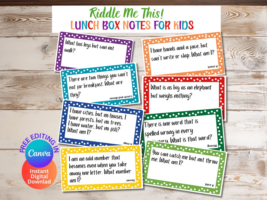 Editable Lunchbox Notes for Kids, Icebreaker Riddles for Back to School ...