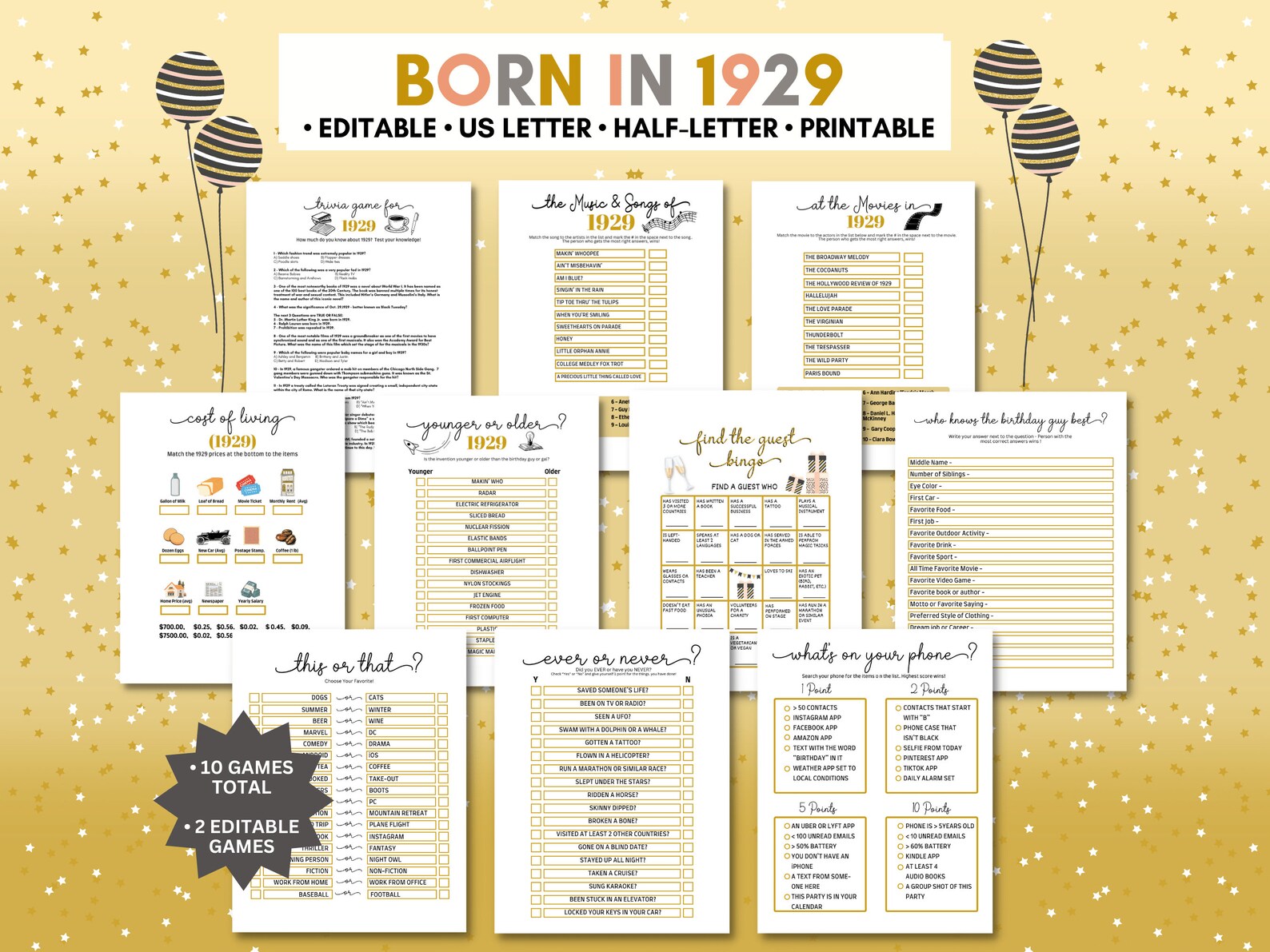 96th Birthday Party Games | Editable Born in 1929 Games Bundle | Ninety ...
