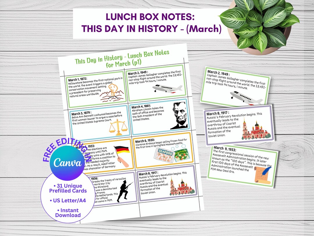 This Day in History Lunch Box Notes - March, Kids - Tweens - Teens, 31 ...