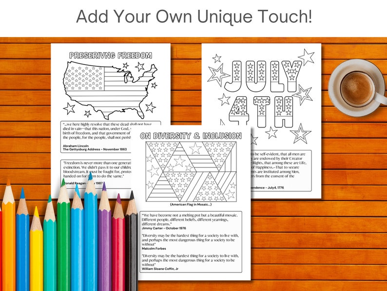 4th of July Coloring Pages With Famous Quotes From American Leaders ...