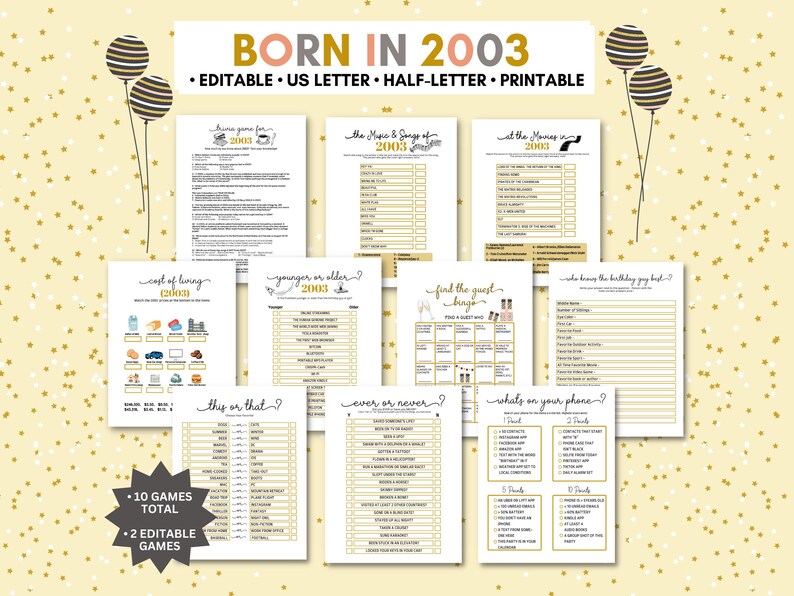 Editable 22nd Birthday Party Games | Born in 2003 Games | Twenty-second ...