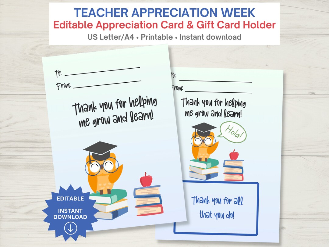 Personalized Teacher Appreciation Week Gift Card Holder, Printable End ...