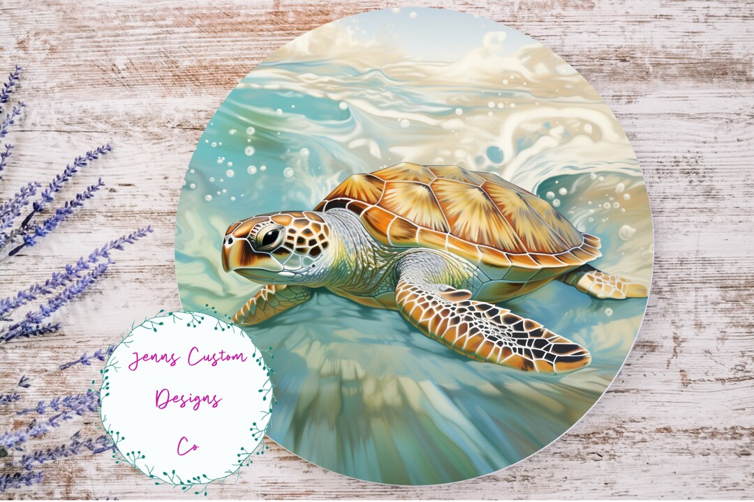 Watercolor Sea Turtle in Ocean Wave Sublimation Round Door Hanger ...