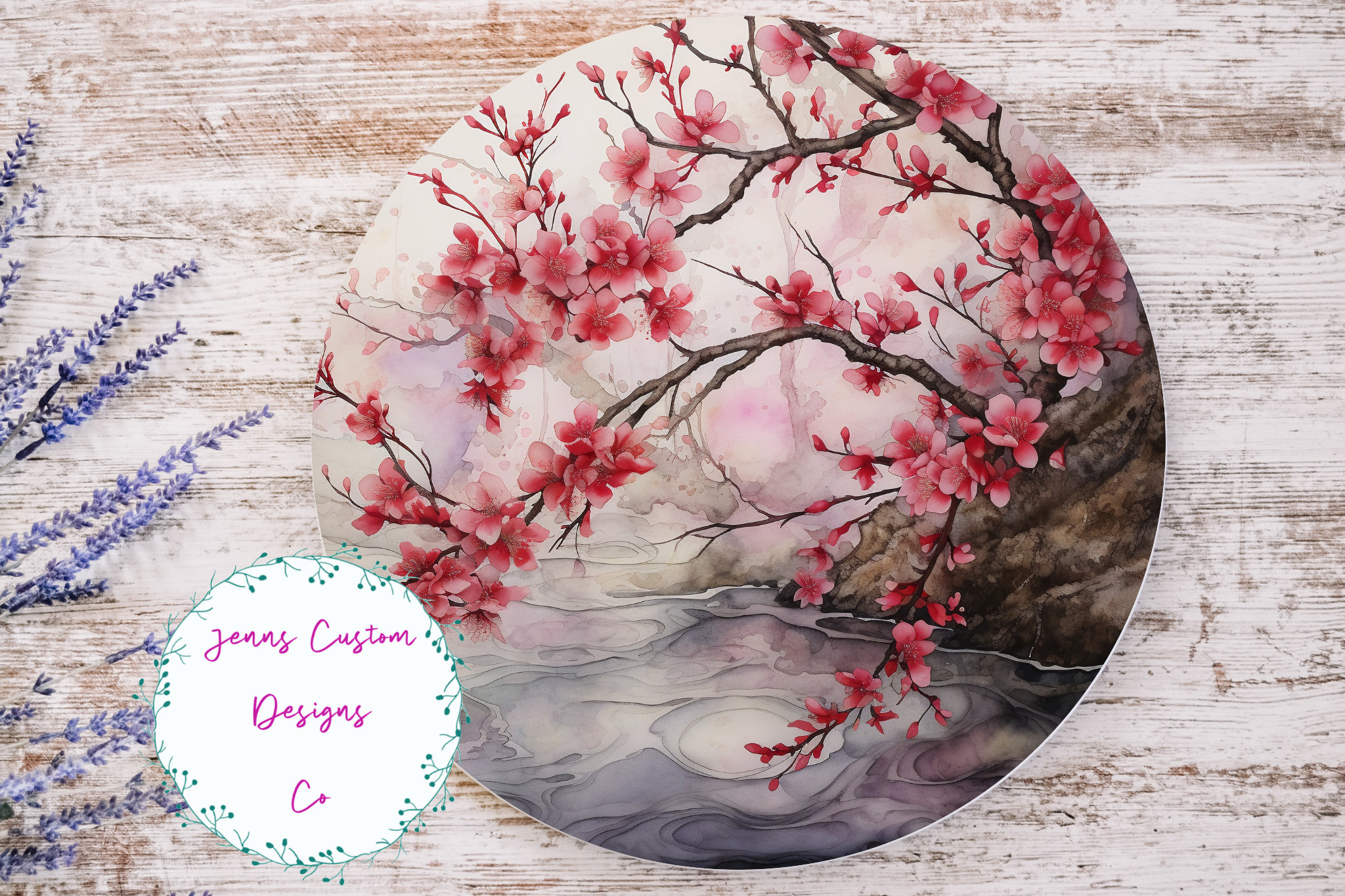 Cherry Blossoms Over Water Sublimation Round Door Hanger Design PNG ...