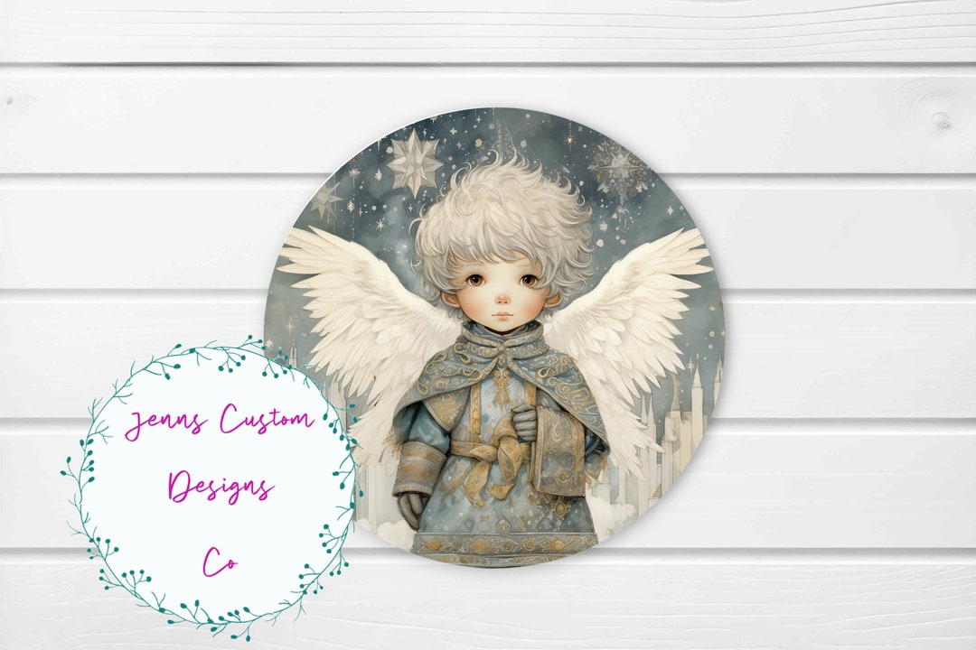Boy Christmas Angel Sublimation Round Door Hanger Design PNG, Christmas ...