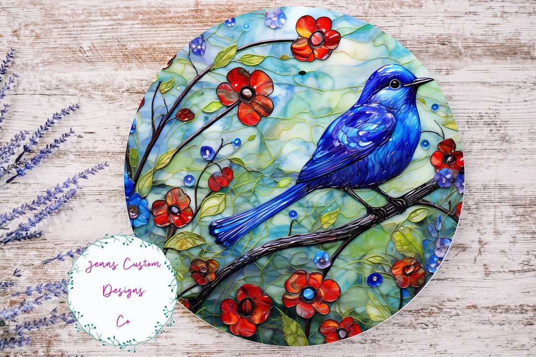 Bluebird and Flowers Sublimation Round Door Hanger Design PNG ...