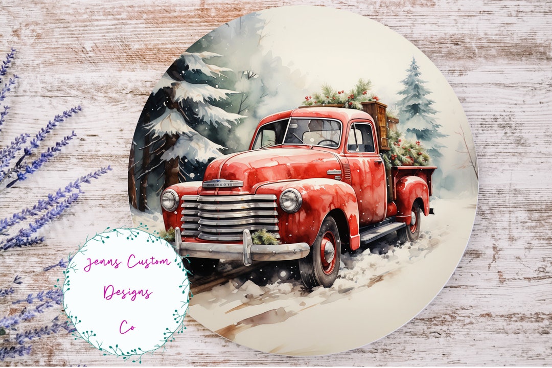 Vintage Red Christmas Truck Sublimation Round Door Hanger Design PNG ...