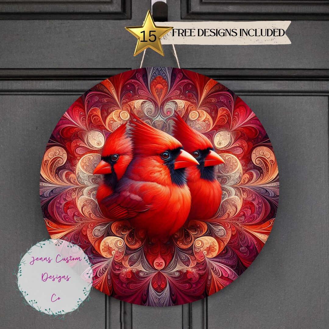 Red Male Cardinals, Bird, Alcohol Ink Sublimation Round Door Hanger ...