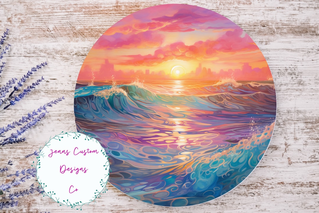 Colorful Ocean Waves With Sunset Sublimation Round Door Hanger Design ...
