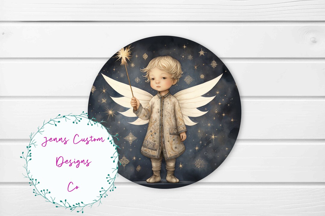Boy Christmas Angel Sublimation Round Door Hanger Design PNG, Christmas ...