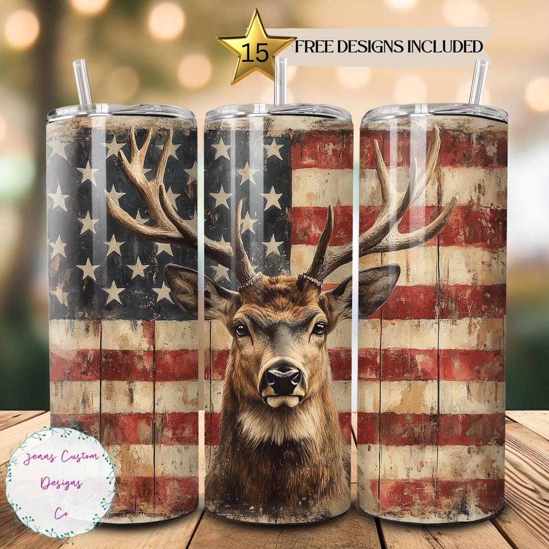 Deer Hunting, Rustic Deer and American Flag Skinny Tumbler Sublimation ...