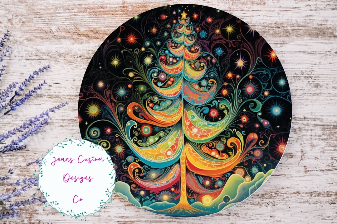 Psychedelic Christmas Tree Sublimation Round Door Hanger Design PNG ...