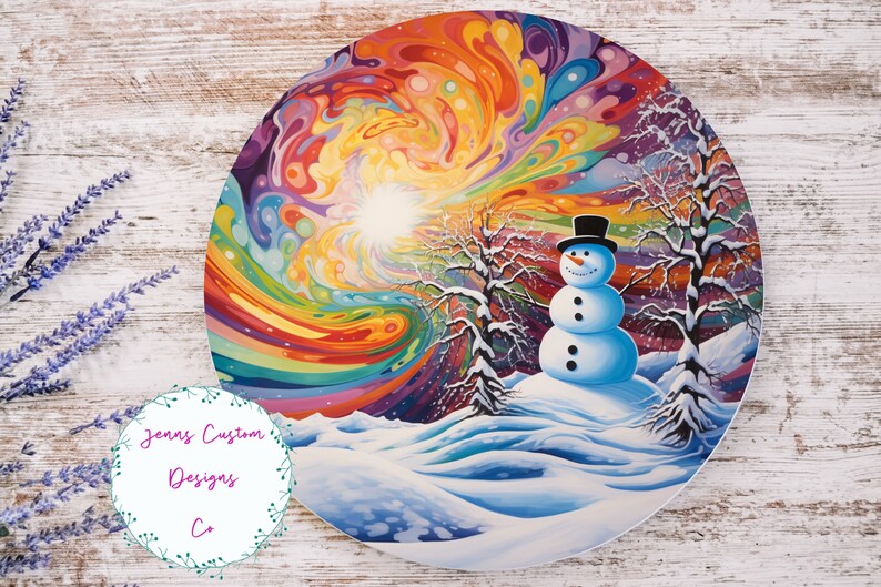 Snowman With Colorful Sky Sublimation Round Door Hanger Design PNG ...