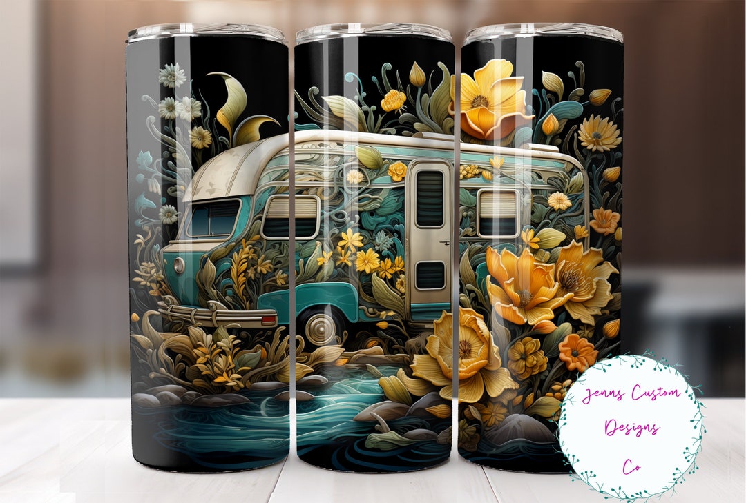 RV Camper Surrounded by Yellow Flowers 20oz Skinny Tumbler Sublimation ...