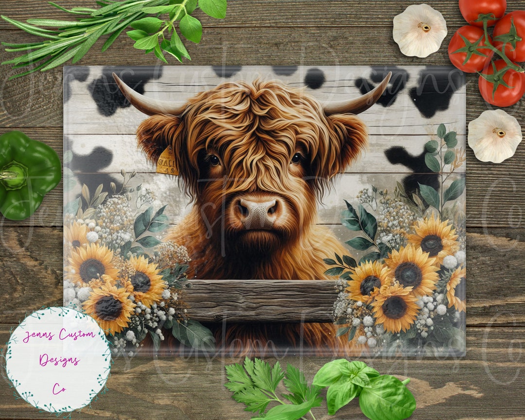 Highland Cow and Sunflowers Cutting Board Design Download, Rustic Farm ...