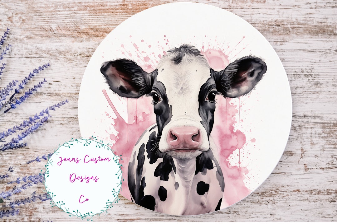 Cute Baby Dairy Cow, Pink Sublimation Round Door Hanger Design PNG ...