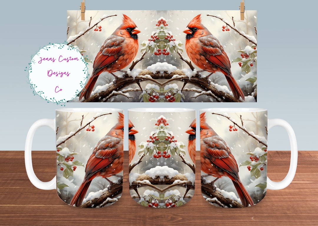 Male Cardinal on Snowy Branch With Berries Mug Sublimation Design ...