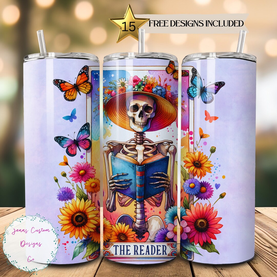 The Reader Skeleton Tarot Card, Retro 20 Oz Skinny Tumbler Sublimation ...