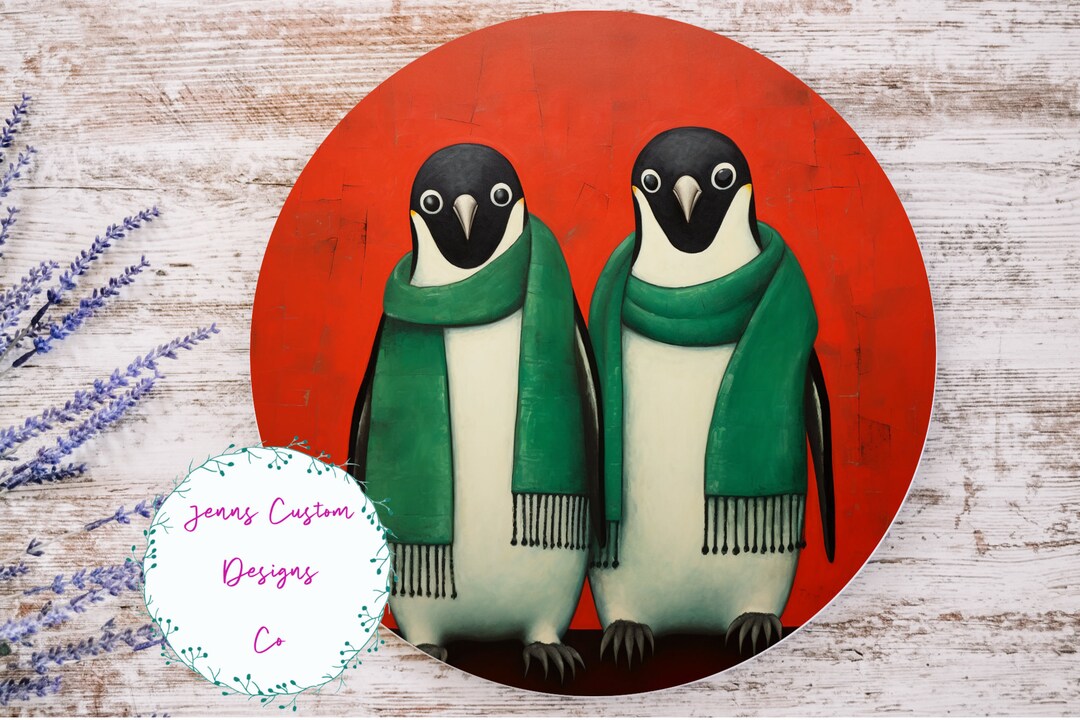Vintage Christmas Penguins, Green Scarves Sublimation Round Door Hanger ...