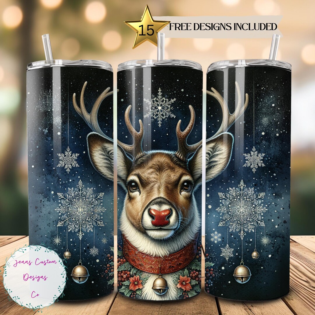 Realistic Rudolph, Snowflakes, Sleigh Bells Skinny Tumbler Sublimation ...