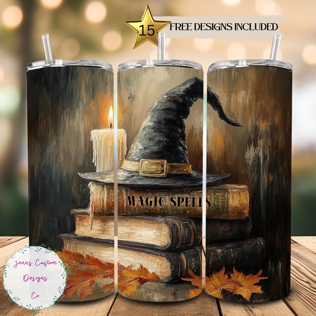 Witch Hat and Books, Magic Spells, Halloween Skinny Tumbler Sublimation ...