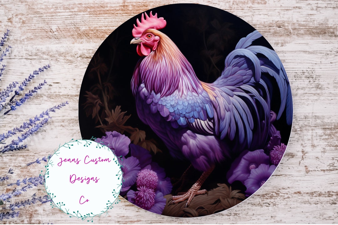 Purple Rooster and Flowers Sublimation Round Door Hanger Design PNG ...