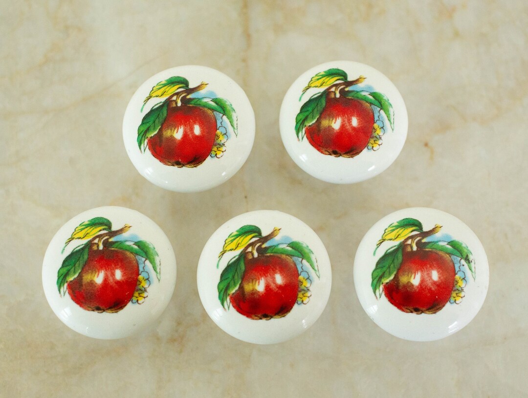 Vintage Farmhouse Drawer Pulls Set of 5- White With Red Apples - Etsy