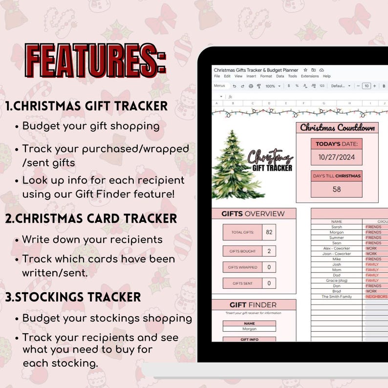 Christmas Gift Tracker Spreadsheet, Holiday Budget Planner - Etsy