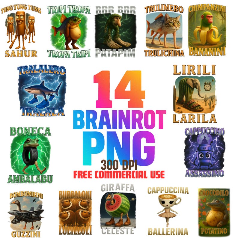 Italian Brainrot Meme PNG Bundle, Shirt & Sticker Design Files, FREE ...