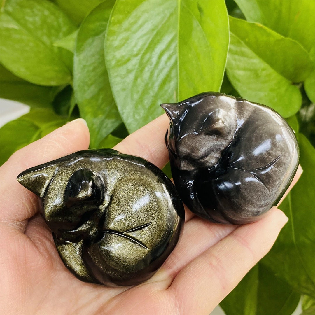 Natural Gold Obsidian Sleeping Cat, Quartz Silver Obsidian Sleeping Cat ...