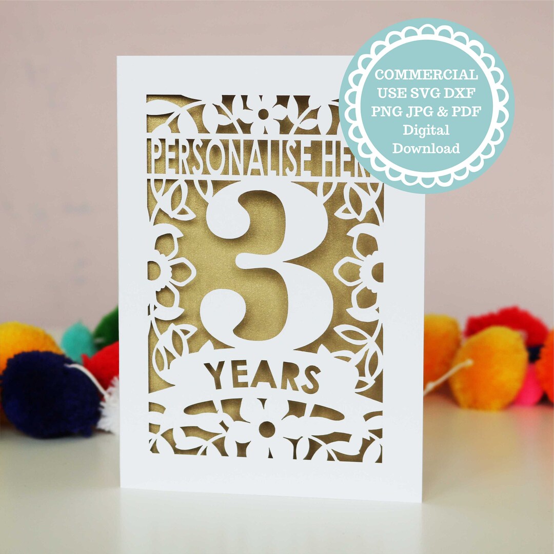 SVG COMMERCIAL USE Personalised 3rd Anniversary Card Papercut Template ...