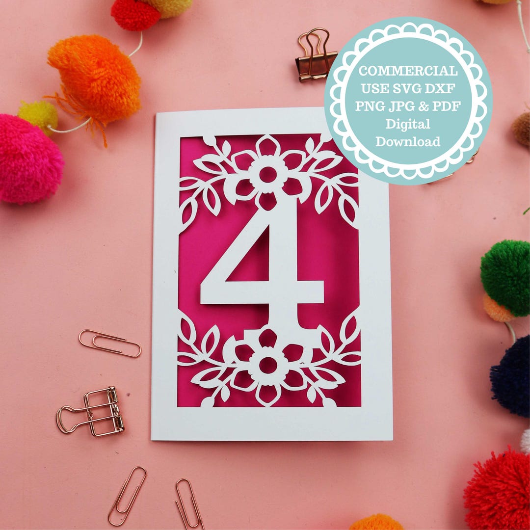 4th Birthday Card Papercut Template for Cricut or Laser Cutting, SVG ...