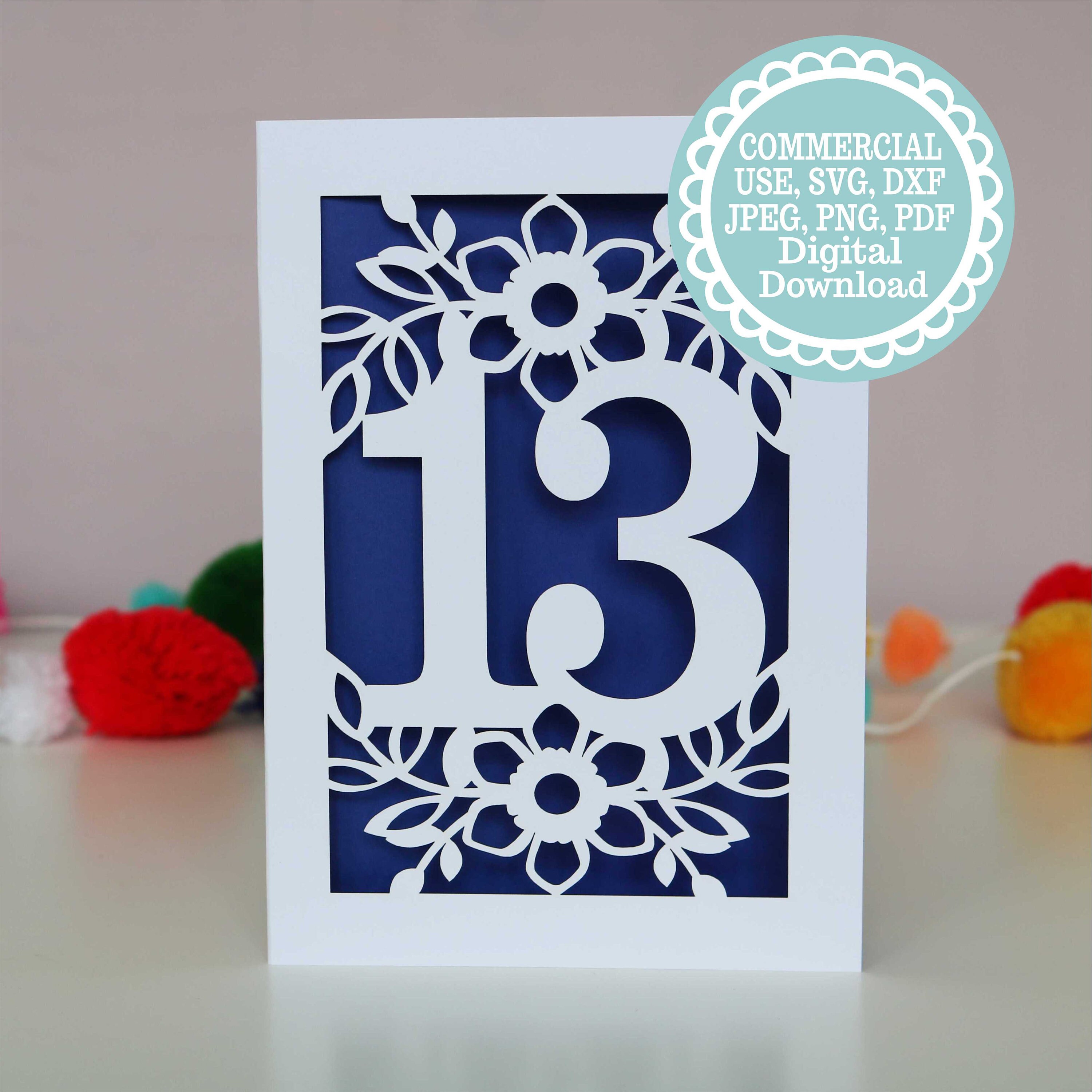 SVG PDF DXF 13th Birthday Card Papercut Template, Age 13 Card Svg File ...