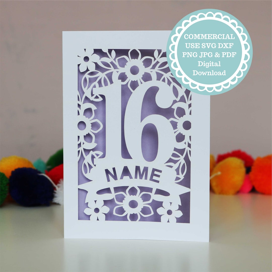SVG PDF Personalised 16th Birthday Card Papercut Template, Age 16 Card ...