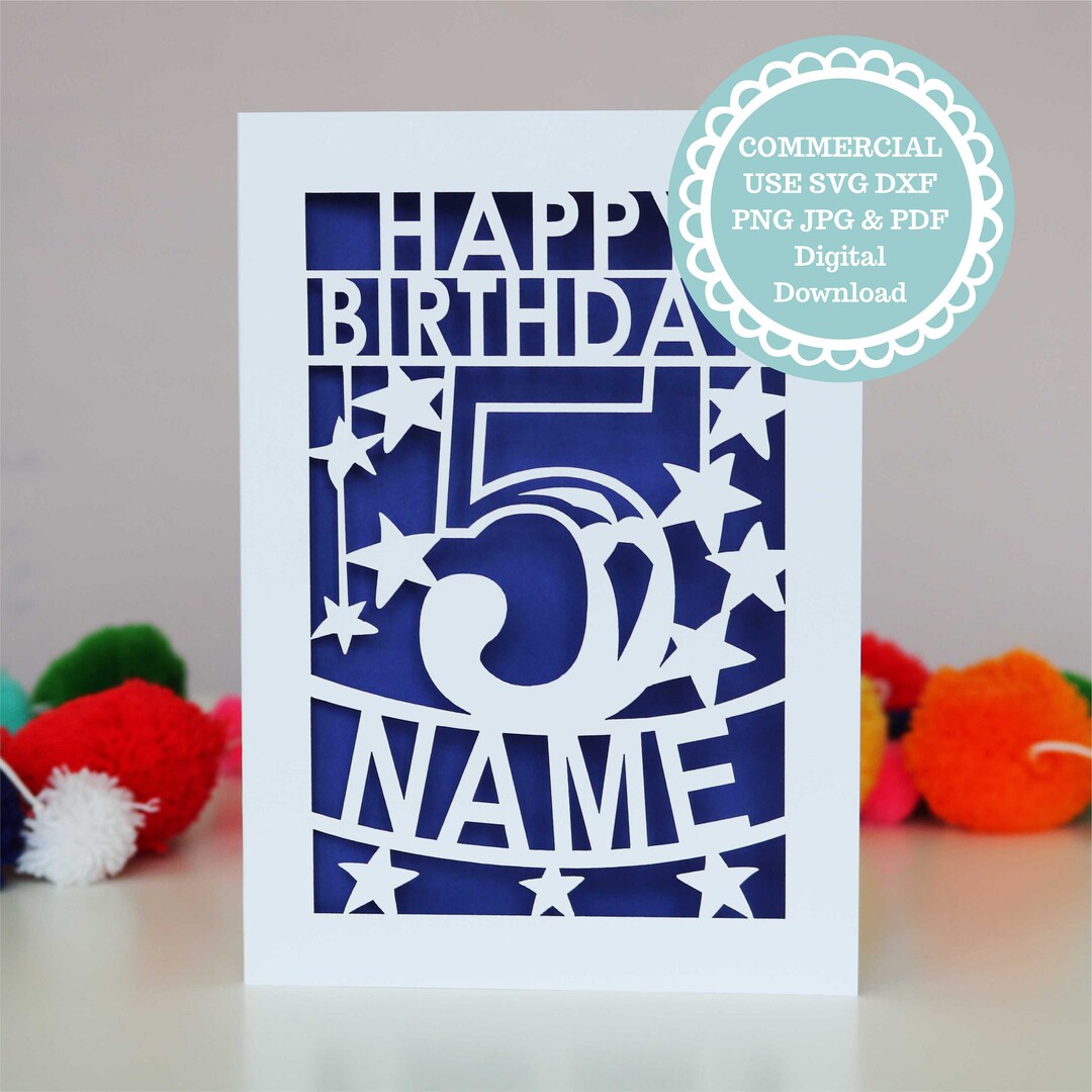 SVG PDF Personalised 5th Birthday Card Papercut Template, Age 5 Card ...
