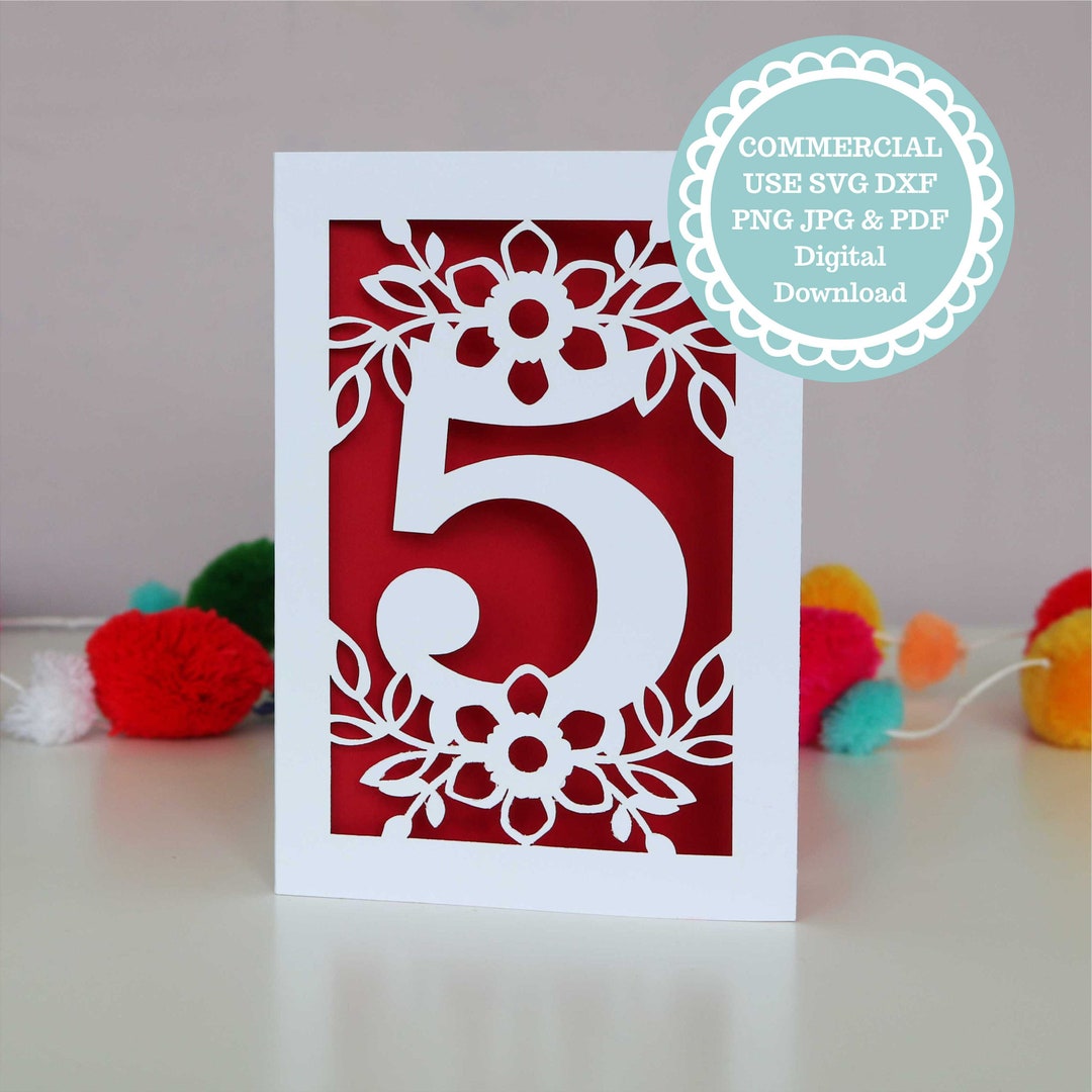 SVG PDF DXF 5th Birthday Card Papercut Template, Age 5 Card Svg File ...